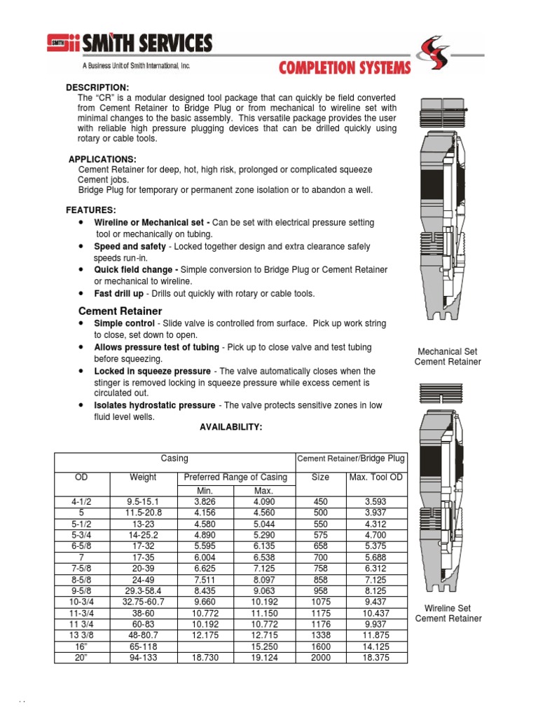 Cement Retainer Bridge Plug PDF | PDF | Casing (Borehole) | Pipe (Fluid ...