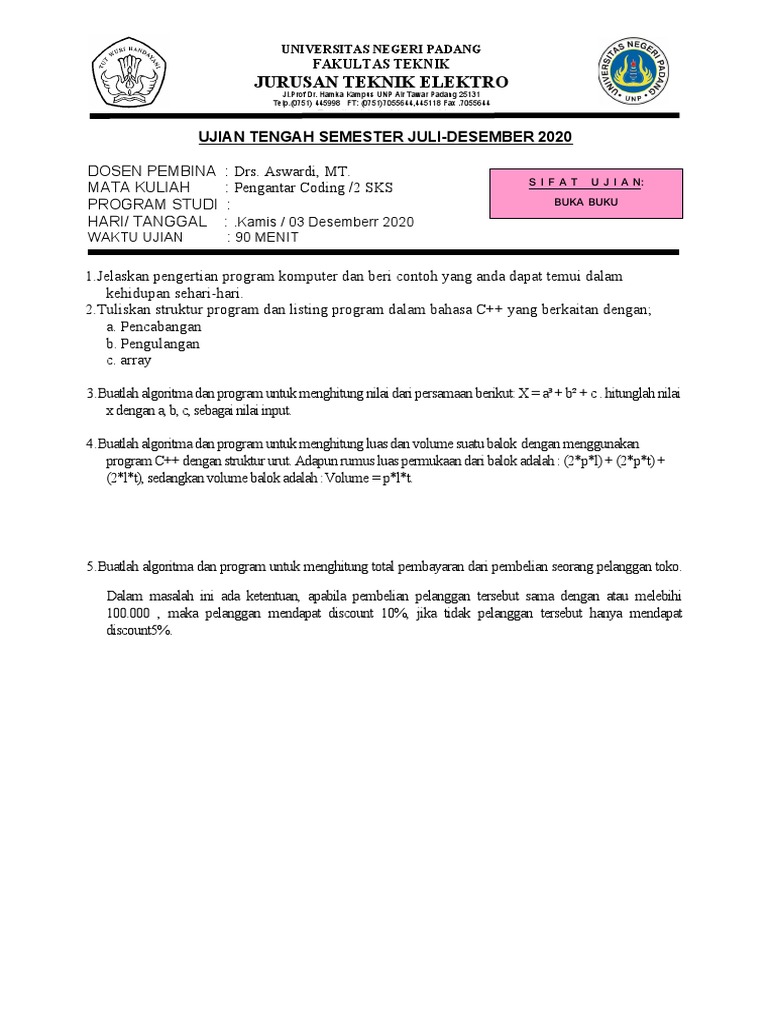 SOAL UTS Pengantar Coding | PDF | Sains & Matematika | Komputer
