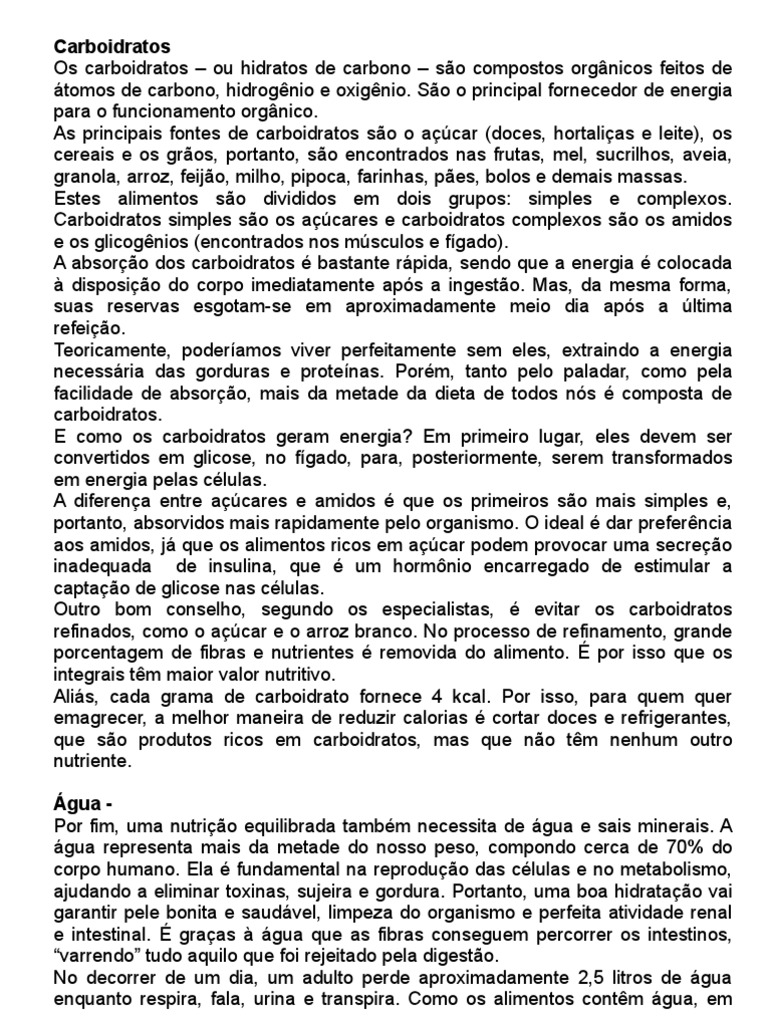 Sais Minerais água E Carboidratos Pdf Carboidratos água