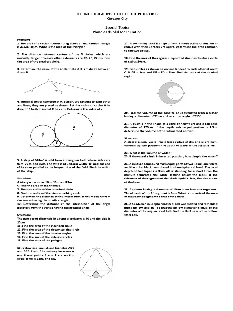 Plane and Solid Geom Problem Set PDF | Download Free PDF | Area | Sphere