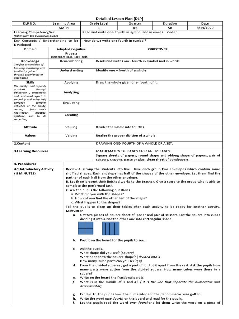 Objectives:: Detailed Lesson Plan (DLP) | PDF | Fraction (Mathematics ...