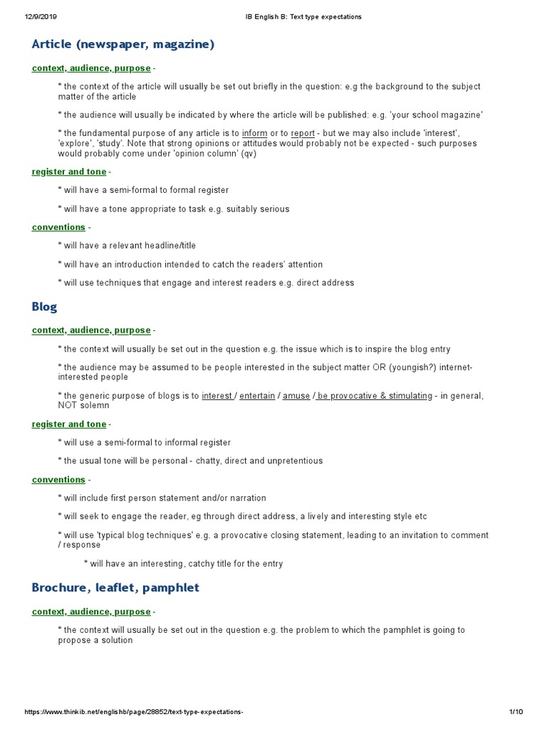 IB English B Text Type Guidelines | PDF | Essays | Writers