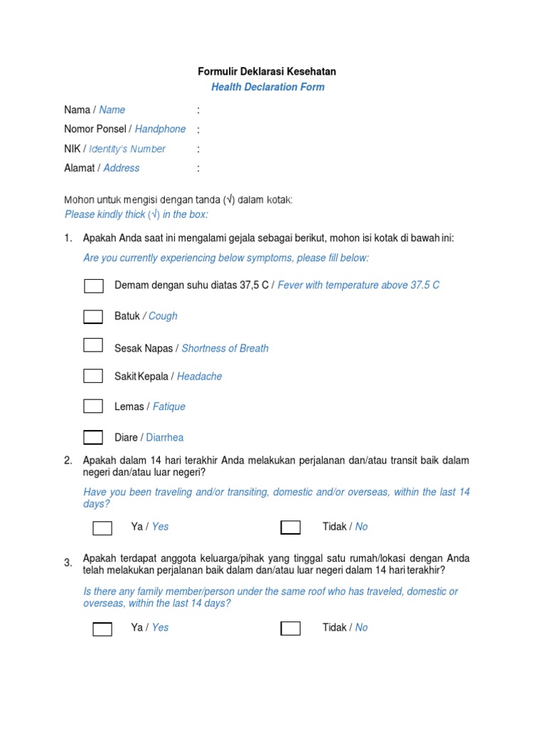 Formulir Deklarasi Kesehatan (Health Declaration Form) PDF | PDF