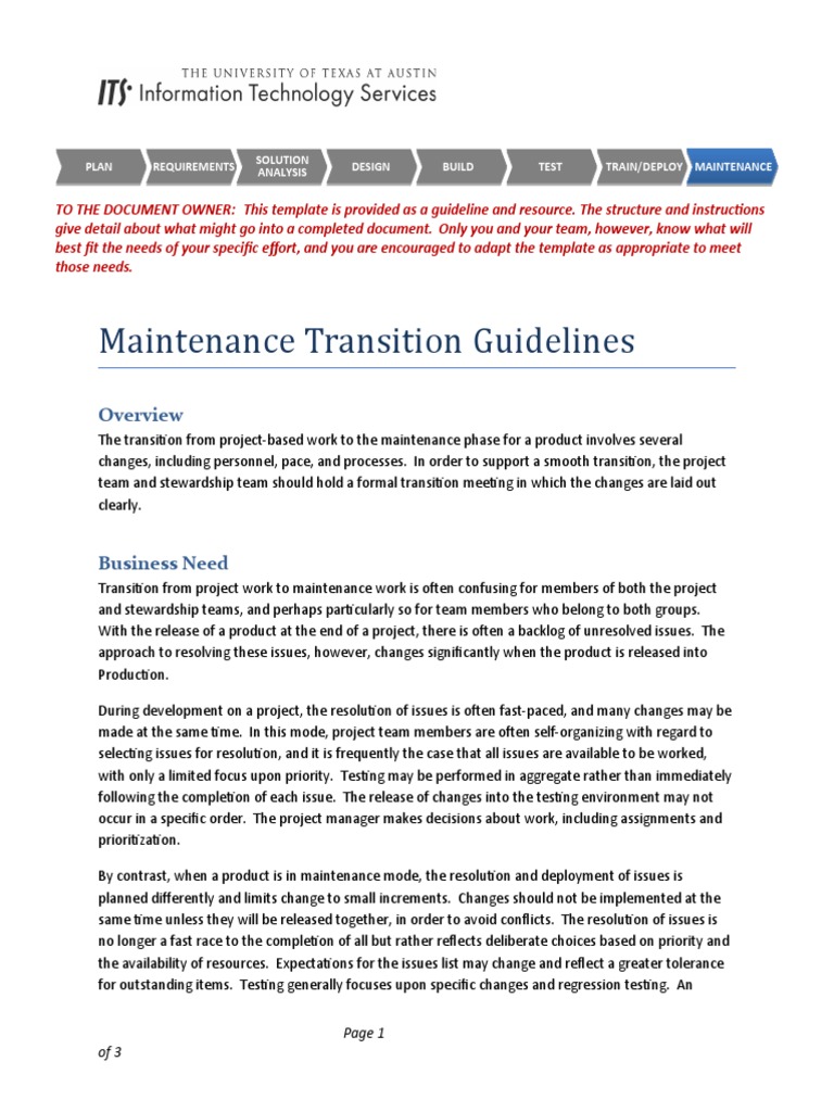 Maintenance Transition Guidelines: Plan Requirements Design Build Test ...