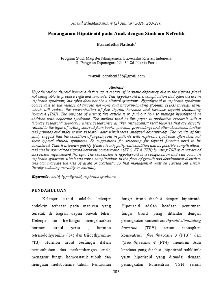 Penanganan Hipotiroid Pada Anak Dengan Sindrom Nefrotik: Bernadetha Nadeak | PDF ...