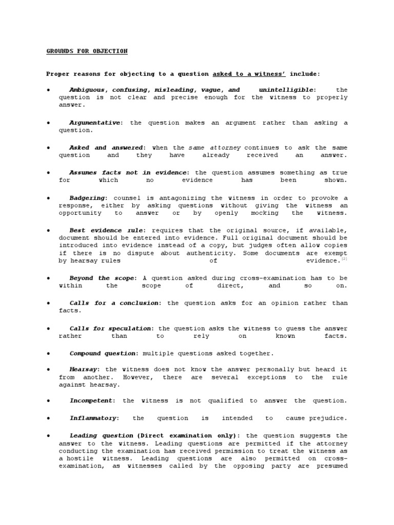 Types of Objection | PDF | Witness | Hearsay