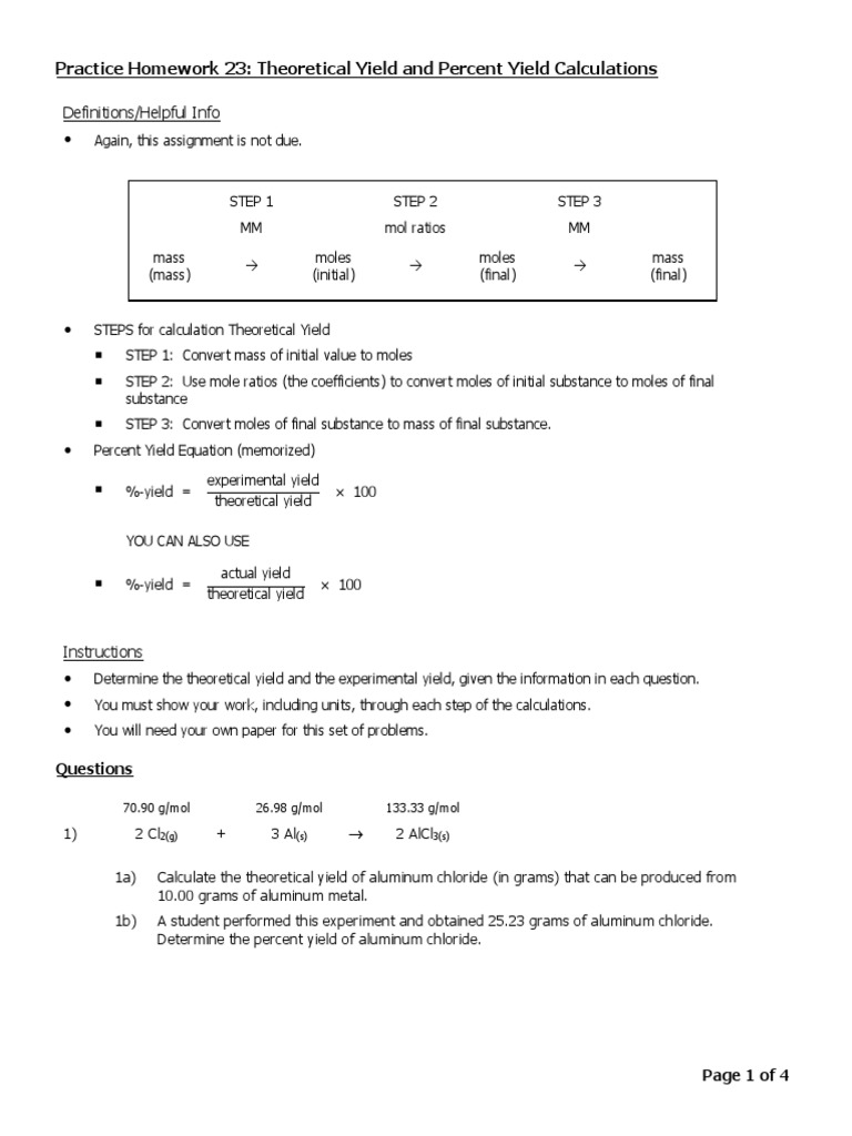 PW-23-Theoretical Yield and Percent Yield Calcs | PDF | Mole (Unit ...