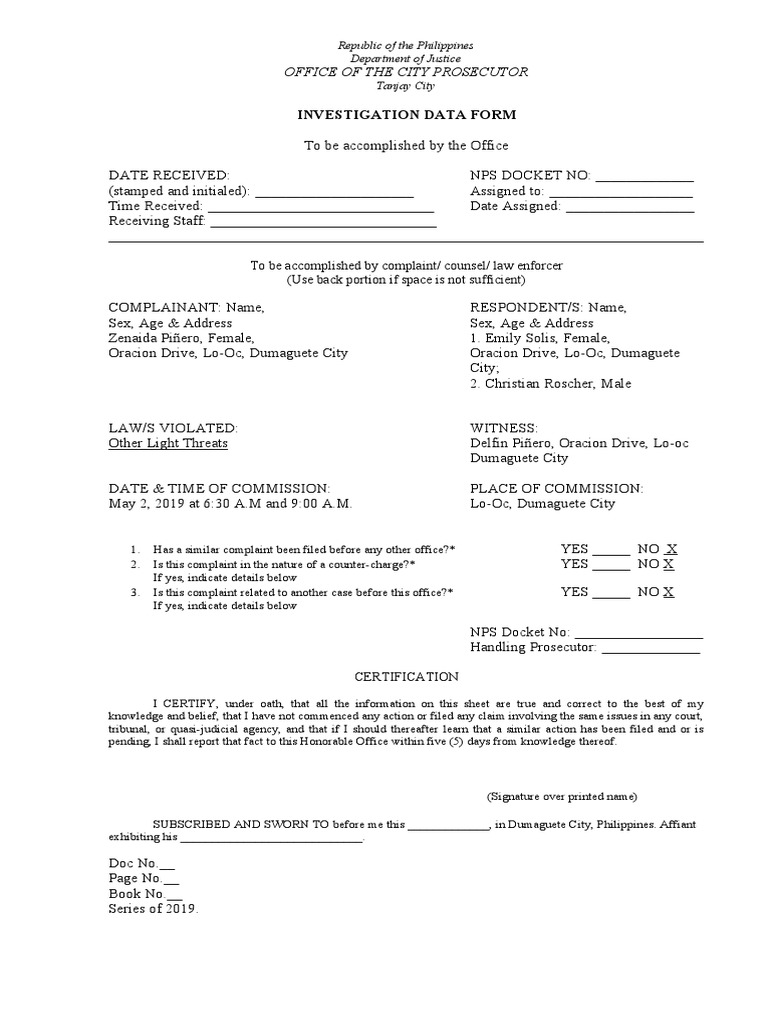 Investigation Data Form for Dindo Venturanza | PDF | Complaint | Prosecutor