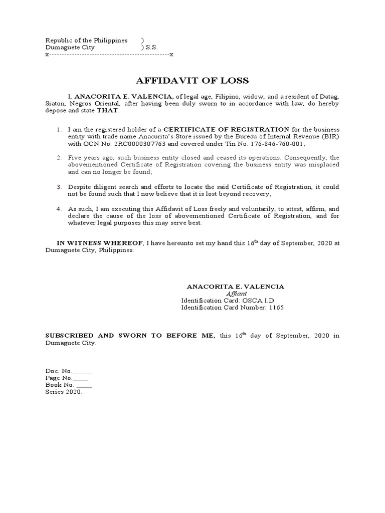 Affidavit of Loss - COR - Anacurita's Store | PDF