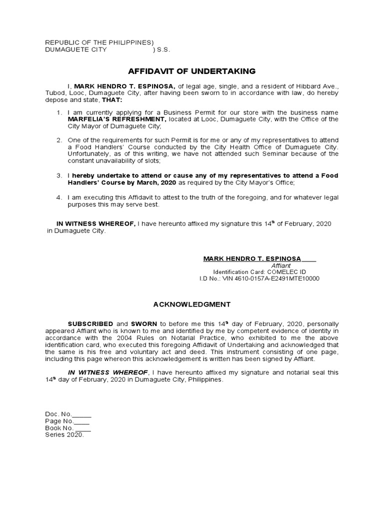 Affidavit of Undertaking - Food Handlers For Business Permit | PDF