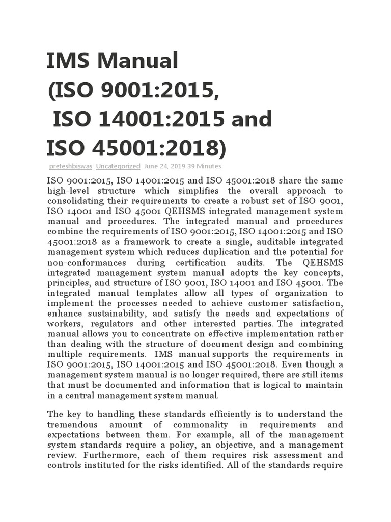 IMS Manual ISO 9001 14001 and 45001 | PDF | Iso 9000 | Competence ...