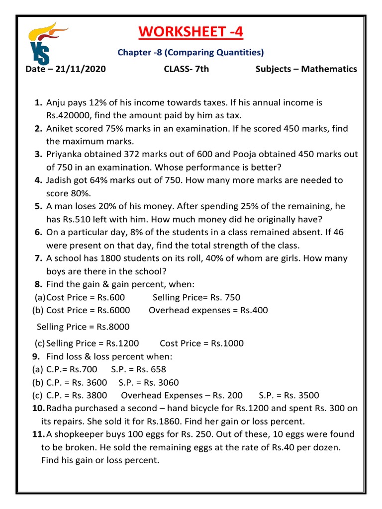 Comparing Quantities, Calculating Percentages, and Solving Word ...