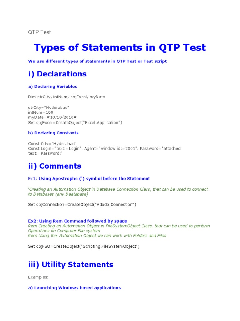 Types of Statements in QTP Test: I) Declarations | PDF | Application ...