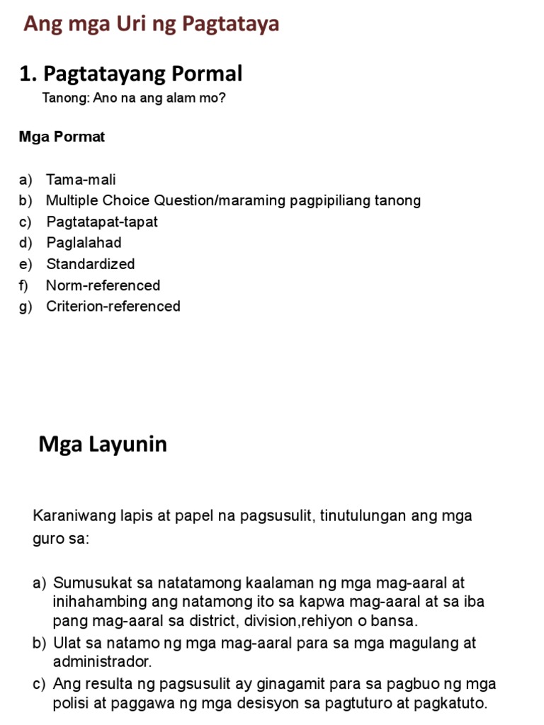 Ang Mga Uri NG Pagtataya | PDF