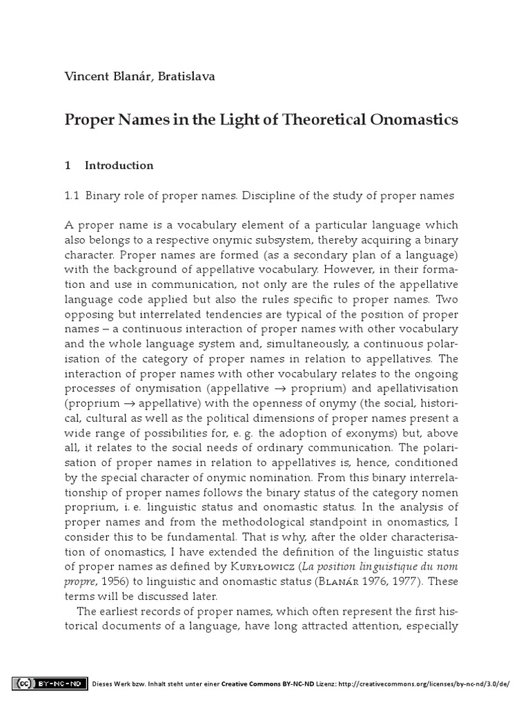 Vincent Blanar Proper Names in The Light of Theoretical Onomastics ...