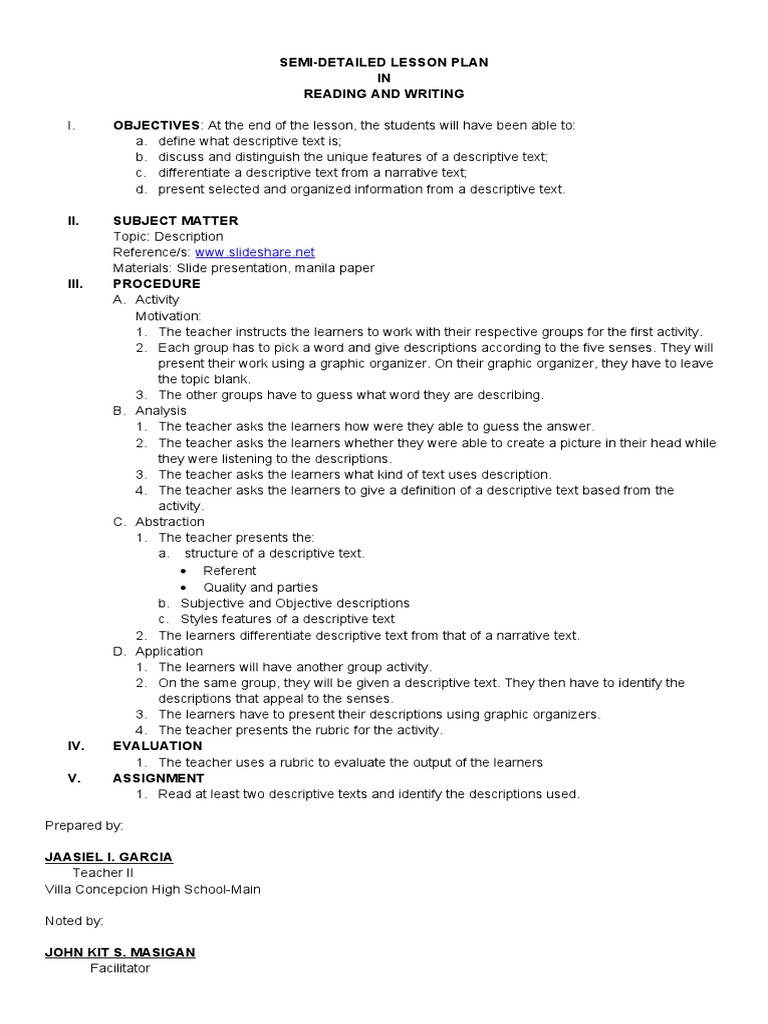 Semi-Detailed Lesson Plan IN Reading and Writing OBJECTIVES: at The End ...