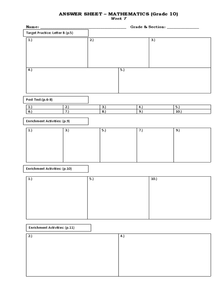 Answer Sheet - Mathematics (Grade 10) : 1.) 2.) 3.) Target Practice ...