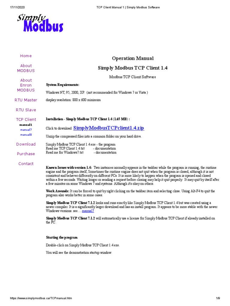 TCP Client Manual 1 - Simply Modbus Software | PDF | Transmission Control Protocol | Computer ...