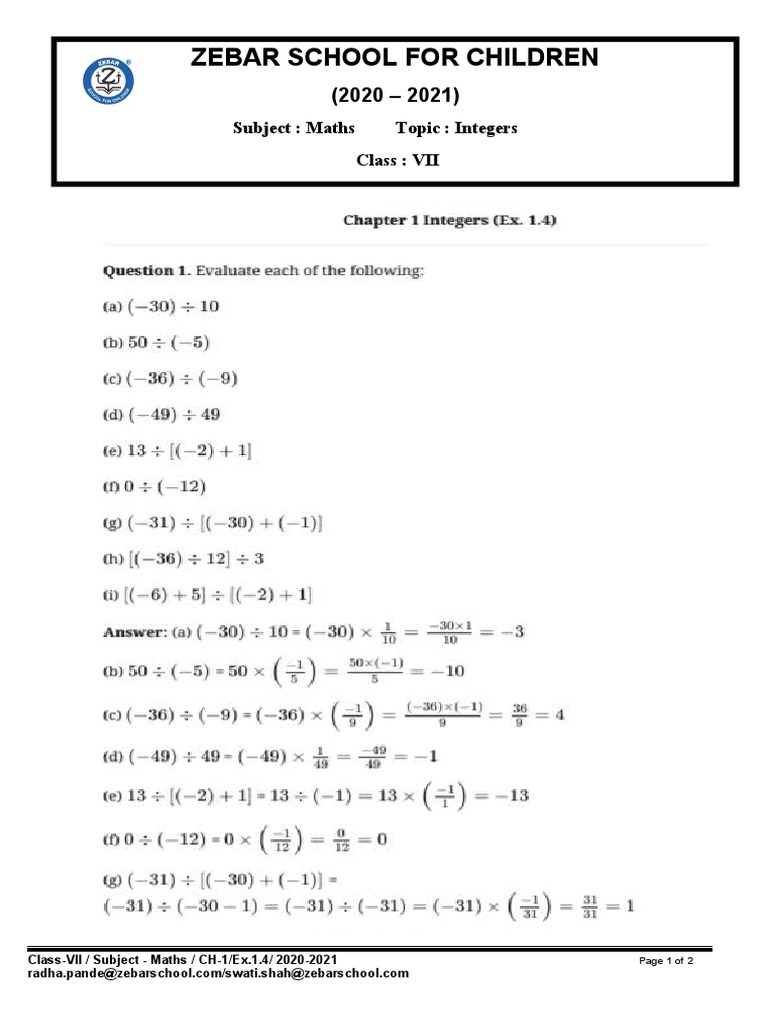 Zebar School For Children: Subject: Maths Topic: Integers Class: VII ...