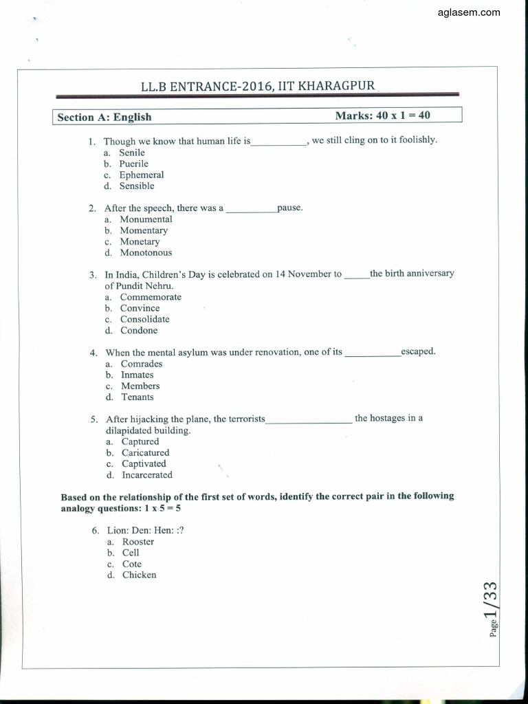 IIT Kharagpur Law Entrance Exam Sample Paper | PDF