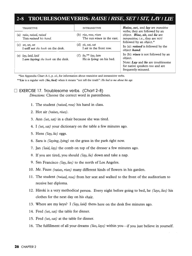 Exercise 17. Troublesome Verbs. (Chart 2-8) : Directions: (Raised, Rose ...