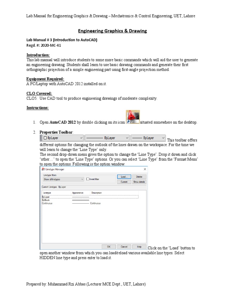 Engineering Graphics & Drawing: Lab Manual # 3 (Introduction To Autocad ...