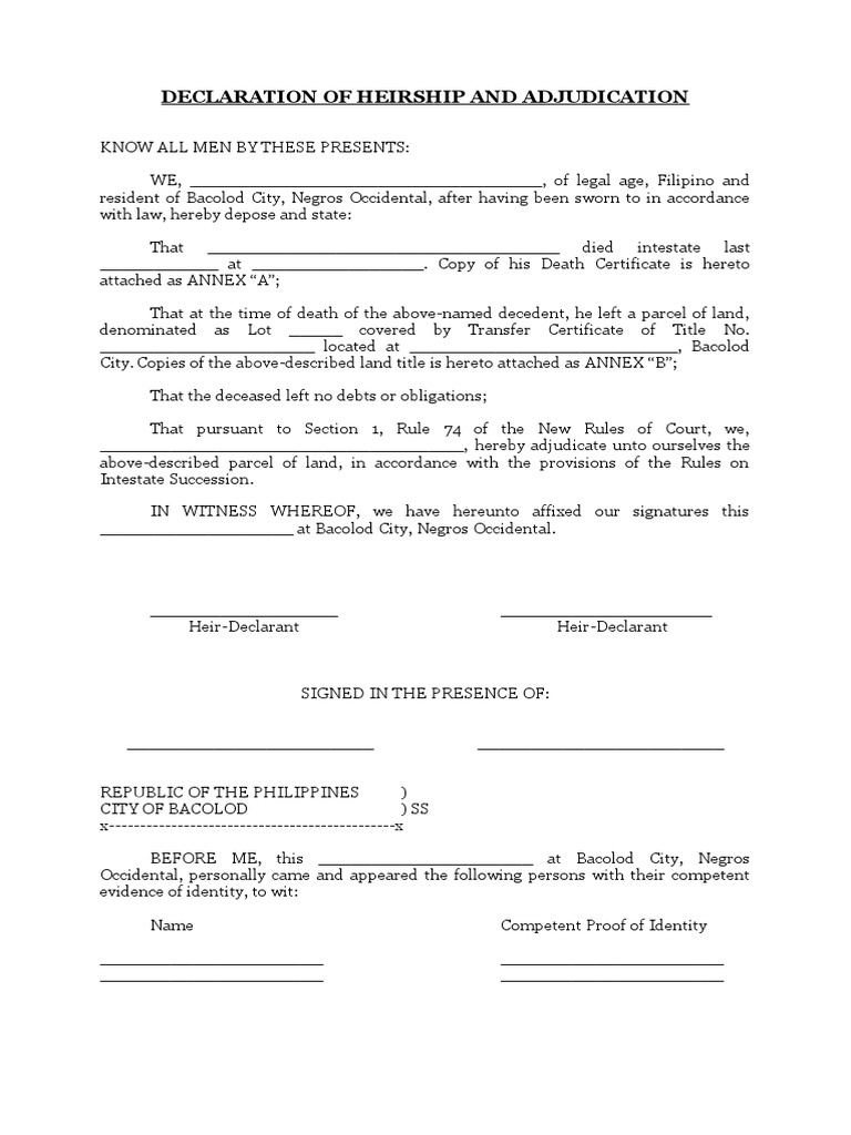 Declaration of Heirship and Adjudication | PDF | Intestacy | Civil Law ...