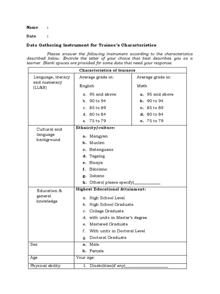 Data Gathering Instrument for Trainee Characteristics Self-Assessment ...