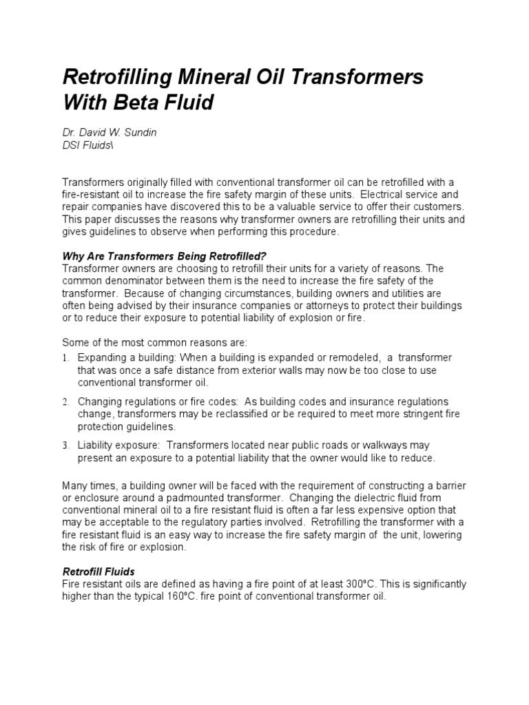 Retrofilling Mineral Oil Transformers With Beta Fluid: Dr. David W ...