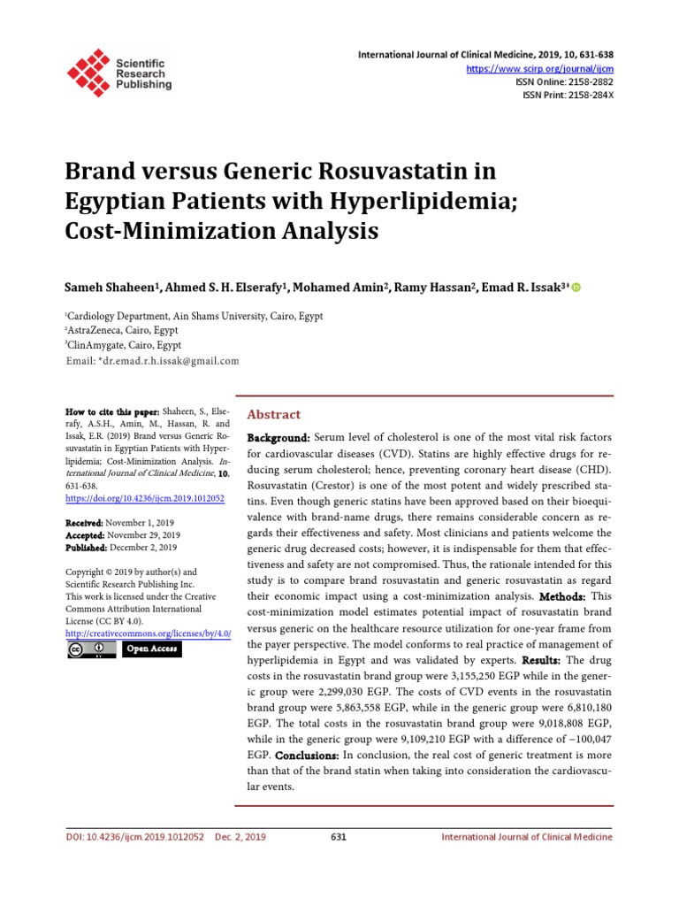 Brand Versus Generic Rosuvastatin in Egyptian Patients With ...