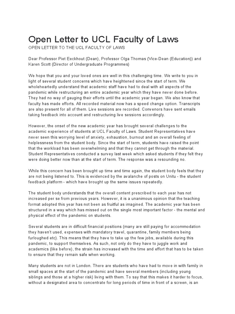 Open Letter To UCL Faculty of Laws | PDF
