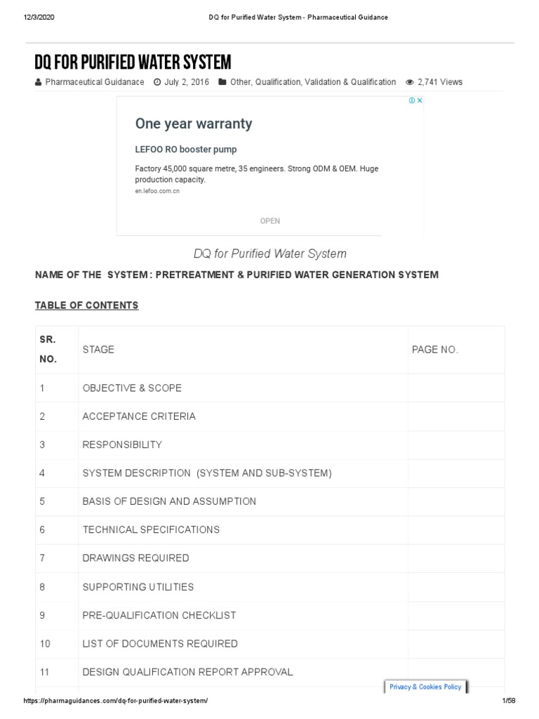 User Requirements for Purified Water System | PDF | Membrane | Water ...