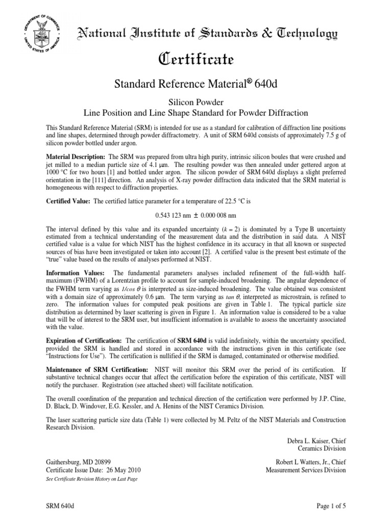 Certificate: National Institute of Standards & Technology | PDF | X Ray ...