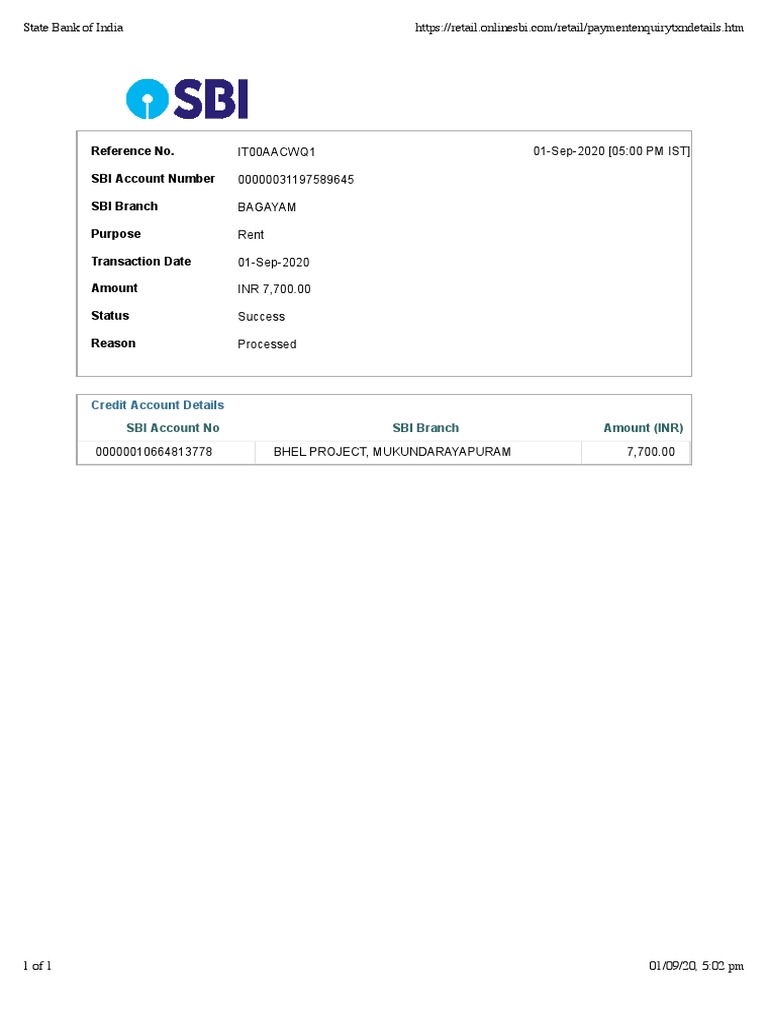 Reference No. SBI Account Number SBI Branch Purpose Transaction Date ...