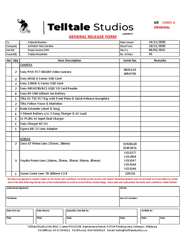 General Release Form: No Qty Item Description Serial No. Remarks | PDF ...
