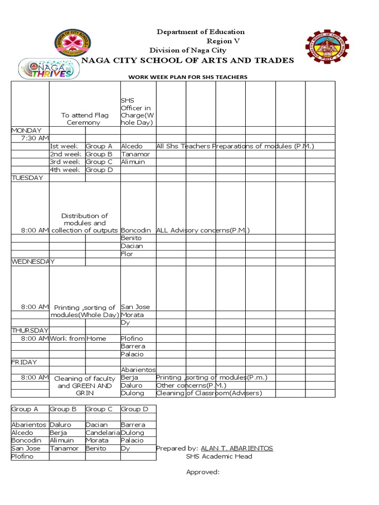 WORK WEEK PLAN FOR SHS Teachers 2020 | PDF