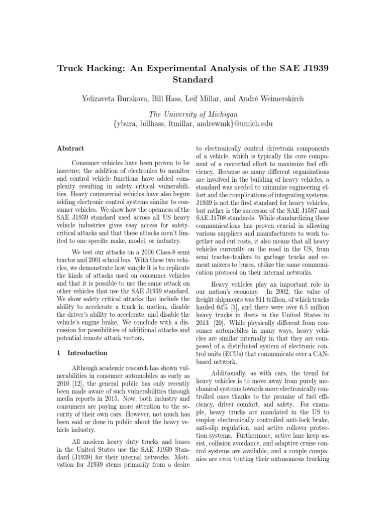 Truck Hacking: An Experimental Analysis of The SAE J1939 Standard | PDF ...