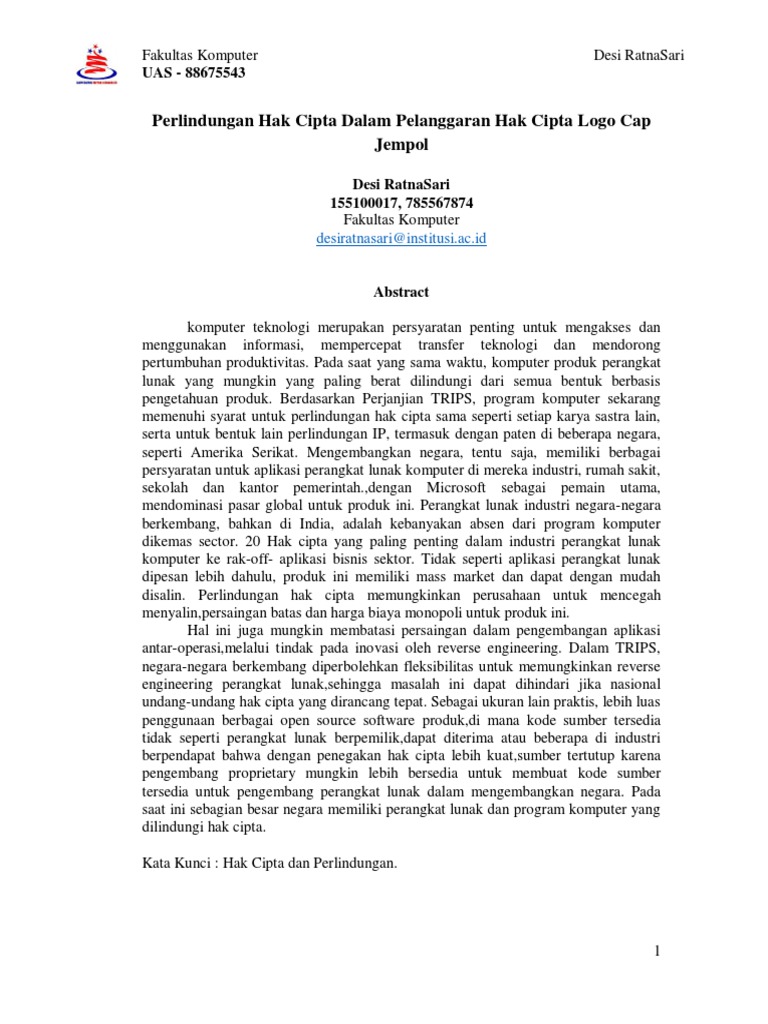 Perlindungan Hak Cipta Dalam Pelanggaran Hak Cipta Logo Cap Jempol PDF | PDF