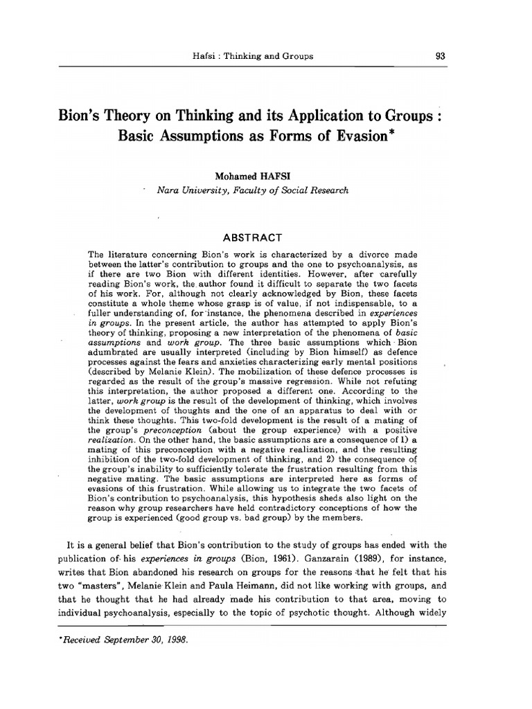 Bion's Theory On Thinking and Basic Assumptions As: Its Application To Groups: Forms of Evasion ...