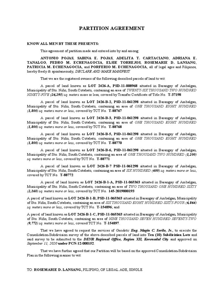 Partition Agreement | PDF | Civil Law (Common Law) | Common Law