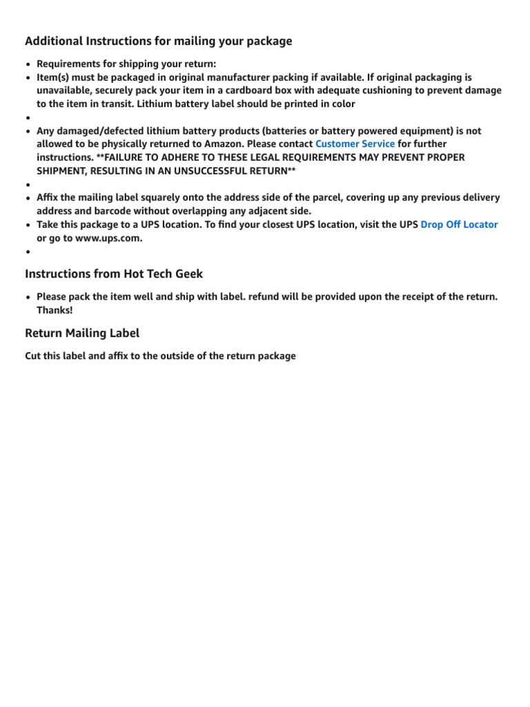 Additional Instructions For Mailing Your Package: Customer Service ...