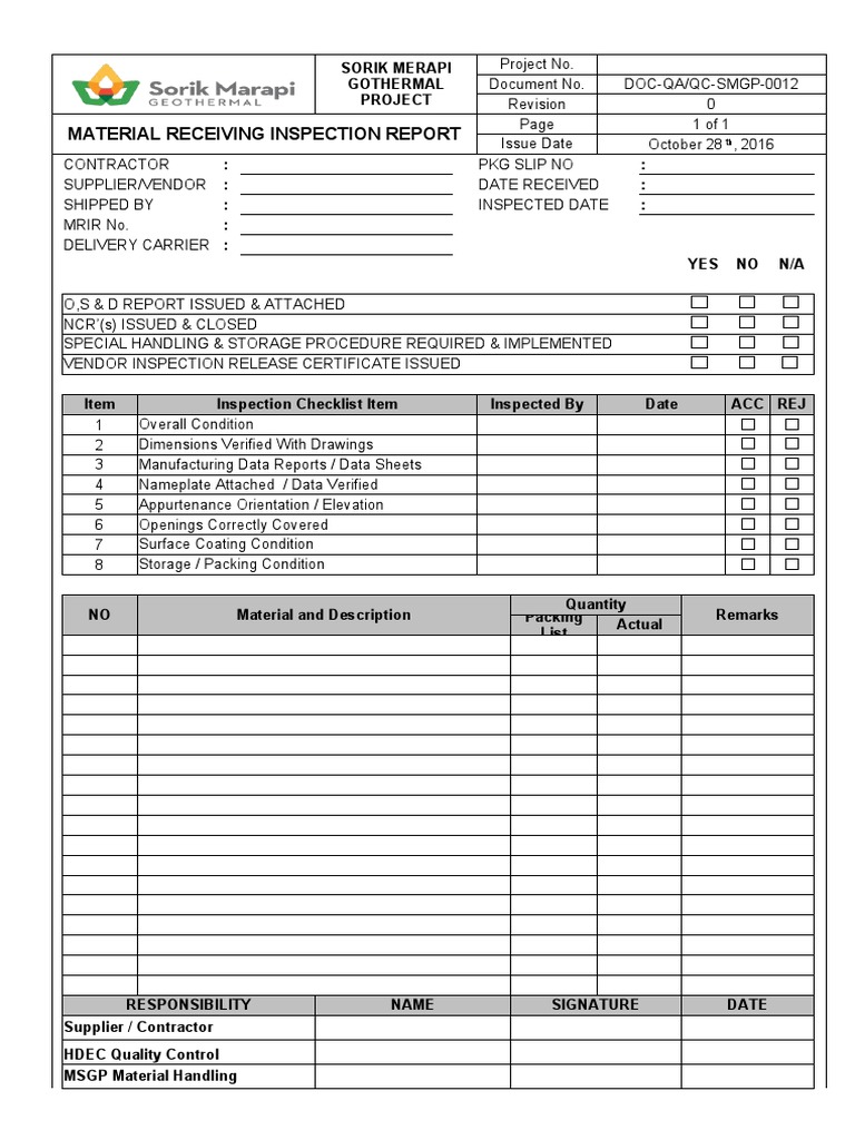SG Material-Receiving-Inspection-Report | PDF