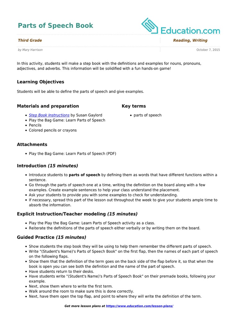 Parts of Speech Book: Learning Objectives | PDF | Part Of Speech | Noun