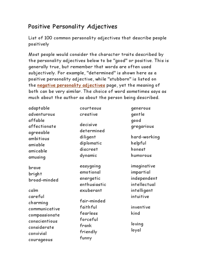 Positive and Negative Personality Adjectives | PDF