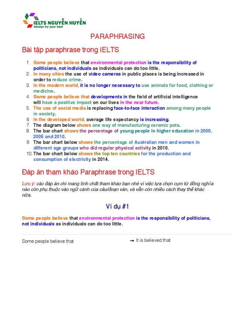 Paraphrasing Bài tập paraphrase trong IELTS | PDF | Social Media ...