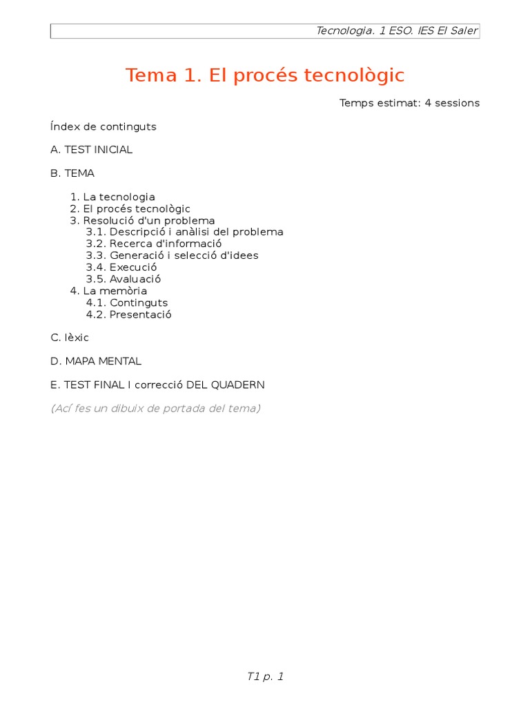 Tema 1. Proces Tecnologic. 1ýESO | PDF