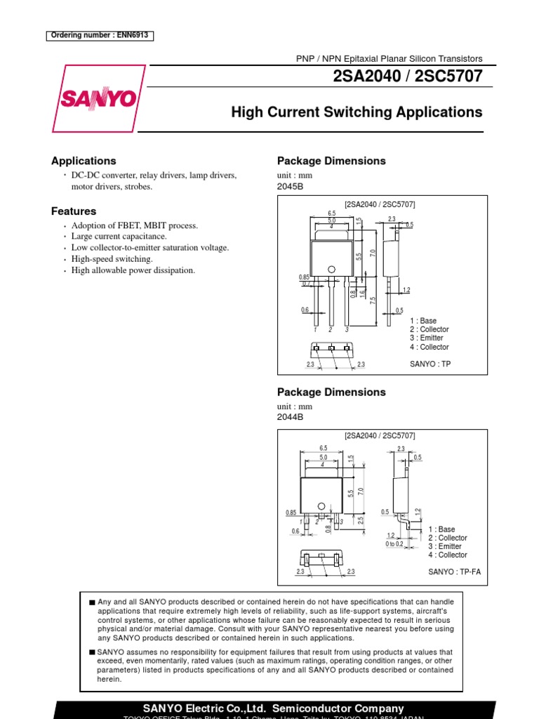 High Current Transistors 2SA2040/2SC5707 | PDF | Bipolar Junction ...