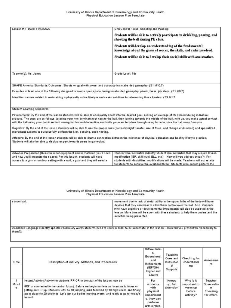 Kin 260 Soccer Lesson Plan 1 | PDF | Physical Education ...