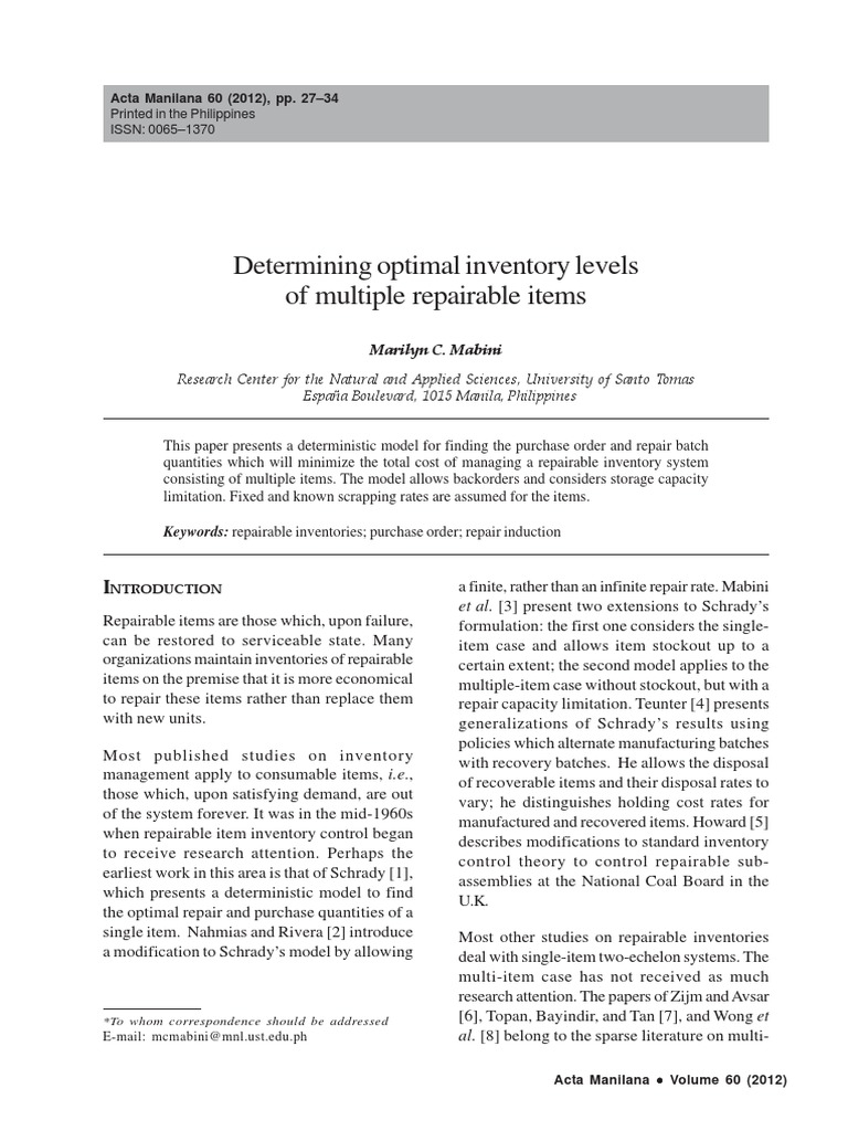 Determining Optimal Inventory Levels of Multiple Repairable Items | PDF ...
