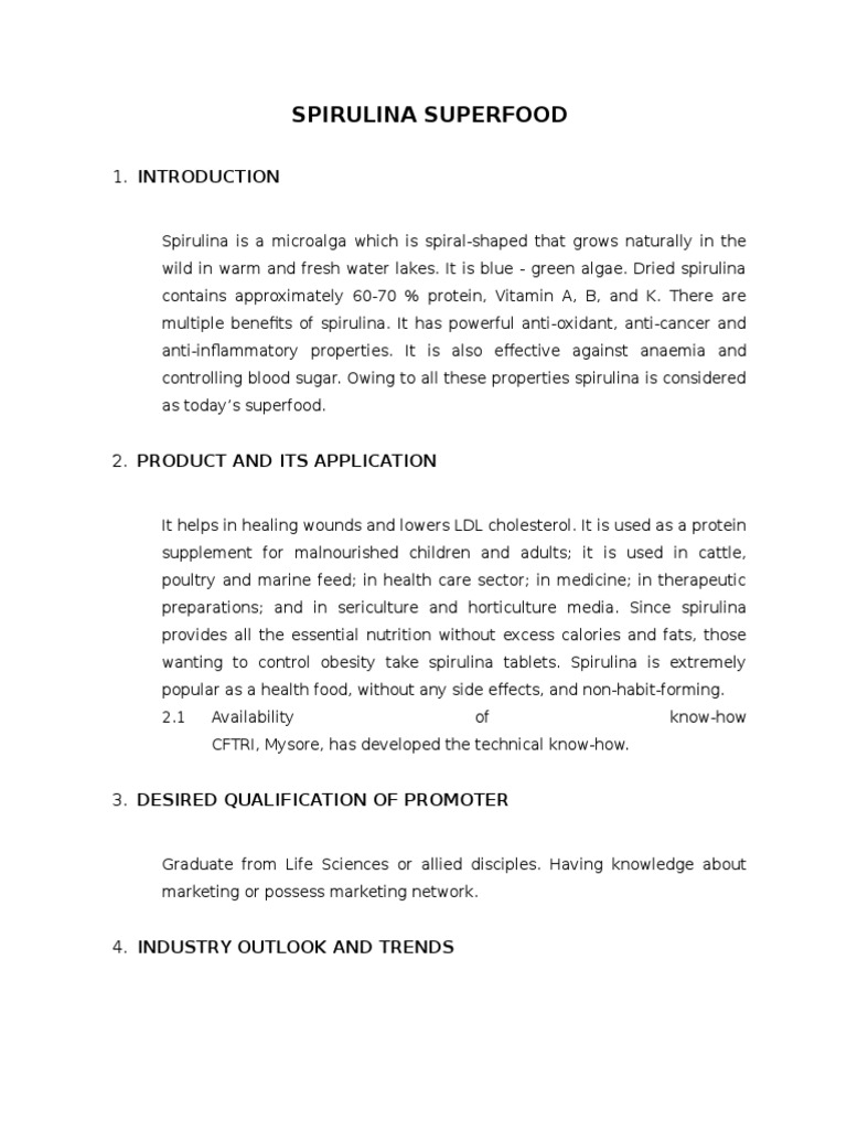 Spirulina Project Report SIDBI | PDF | Foods | Food And Drink